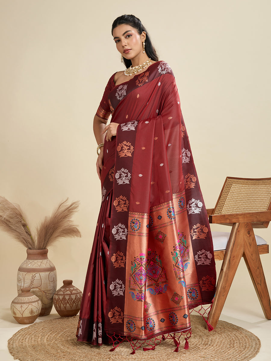 Ailurophile Maroon Paithani Silk Saree With Ethnic Blouse Piece ...