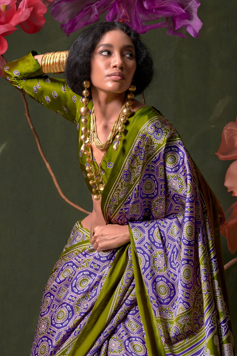 Veronica Purple and Green Ajrakh Printed Satin Crepe Soft Silk Saree ...