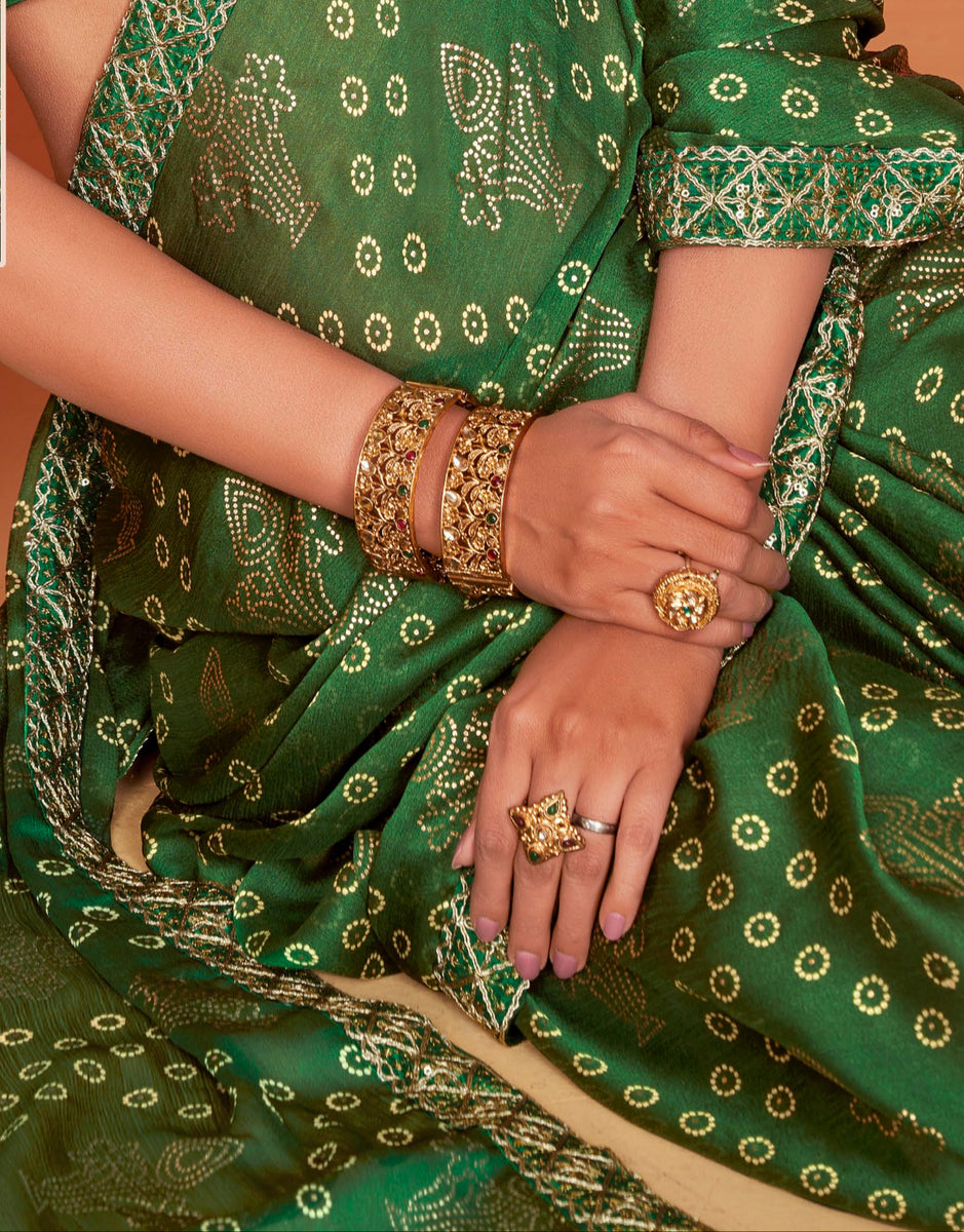 Green Moss Chiffon Foil Mill Print And Embroidery Work Border Saree Wi ...