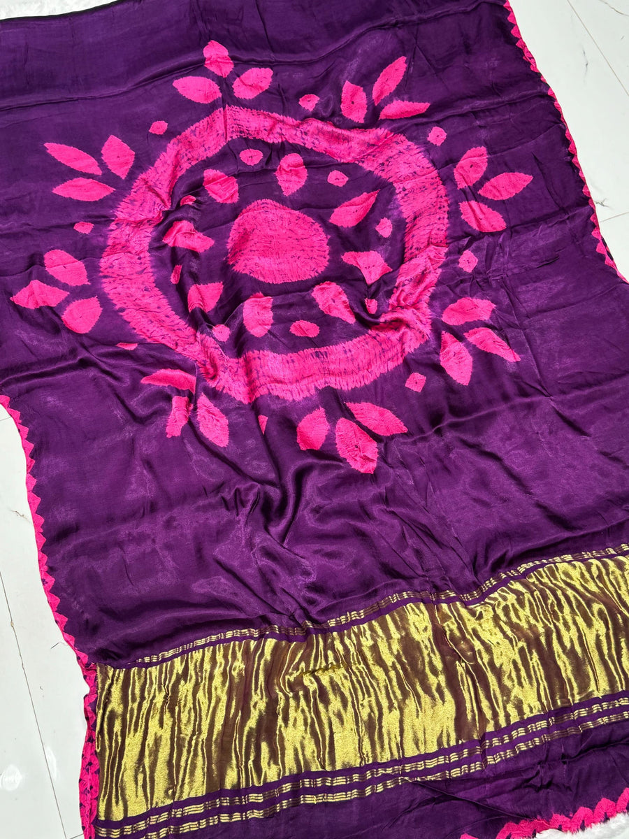 Purple Shibori Bandhni Border Pure Modal Silk Plain Saree S1 ...