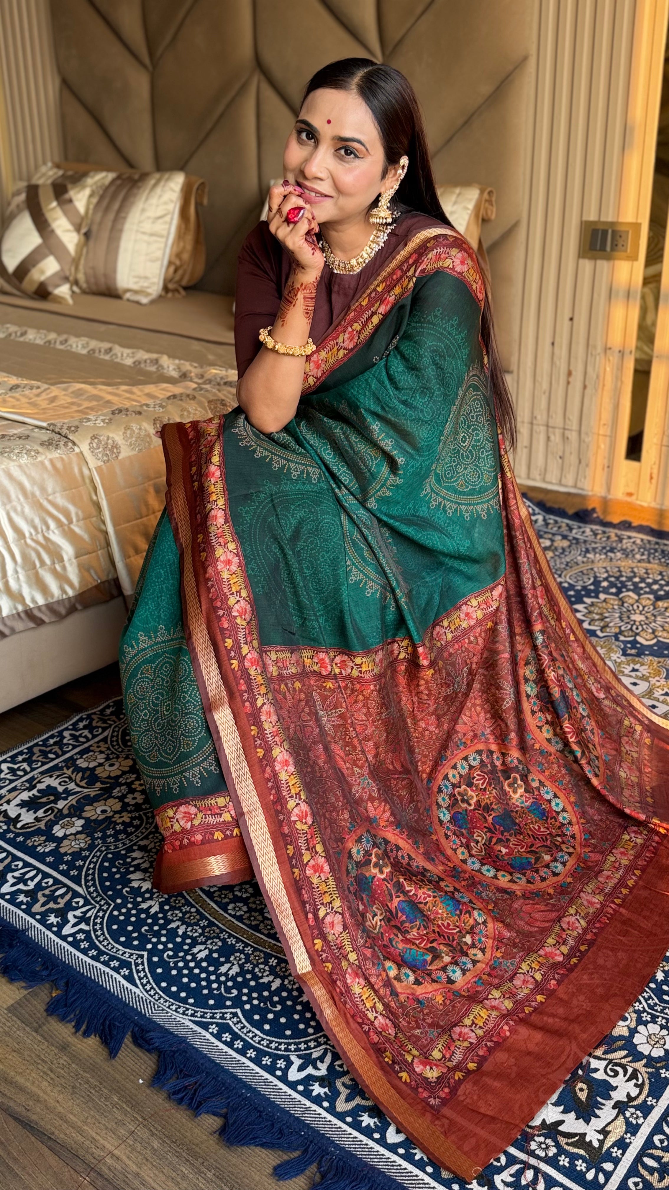 Ember Green Ajrakh With Kalamkari Design Maslin silk Saree With Blouse ...
