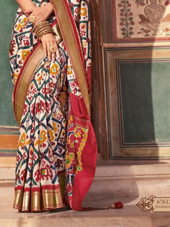White And Red Patola Silk Saree – Maharanisaree