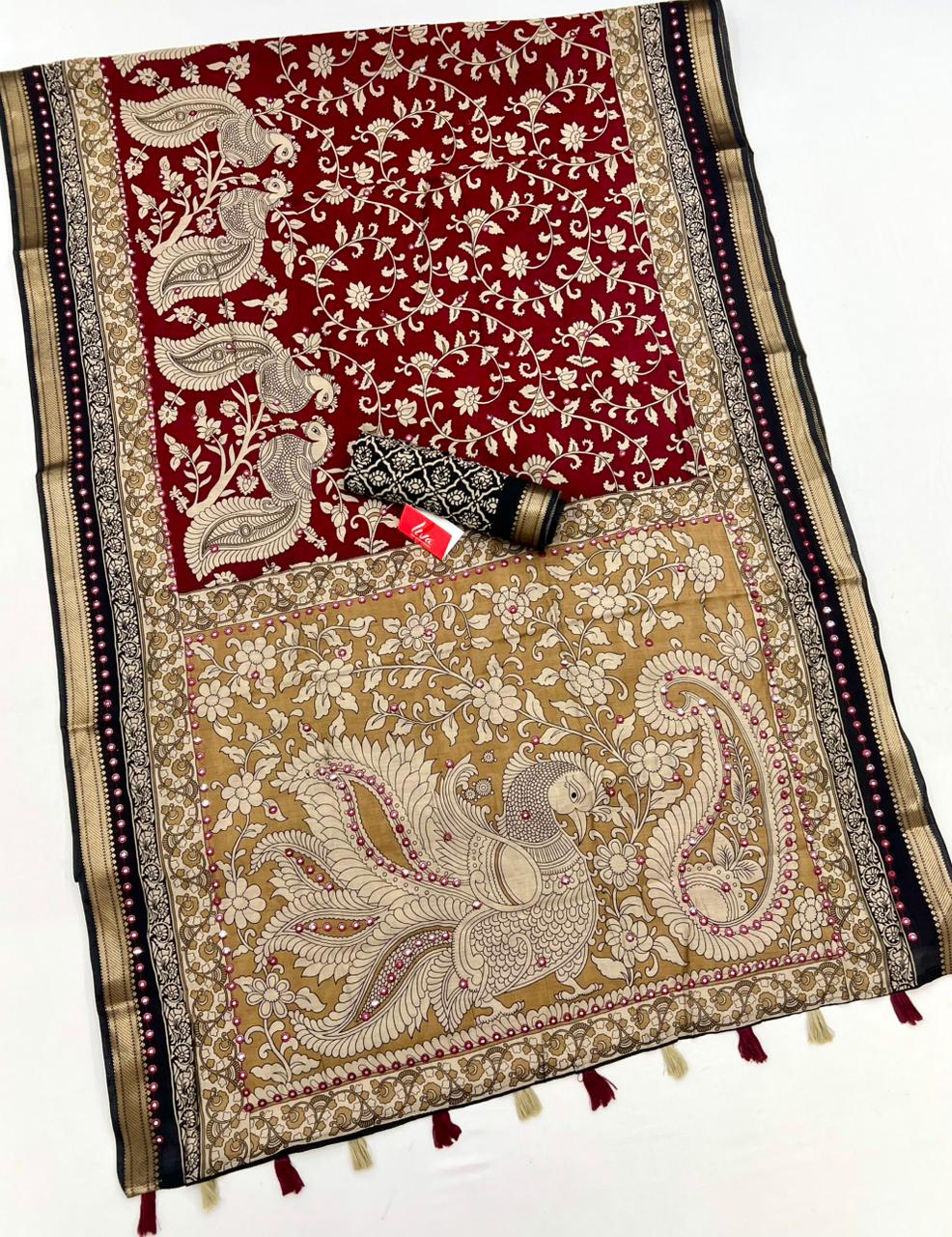 Dark Rose Pure Mal Cotton Silk Saree With Mirror Work – Maharanisaree