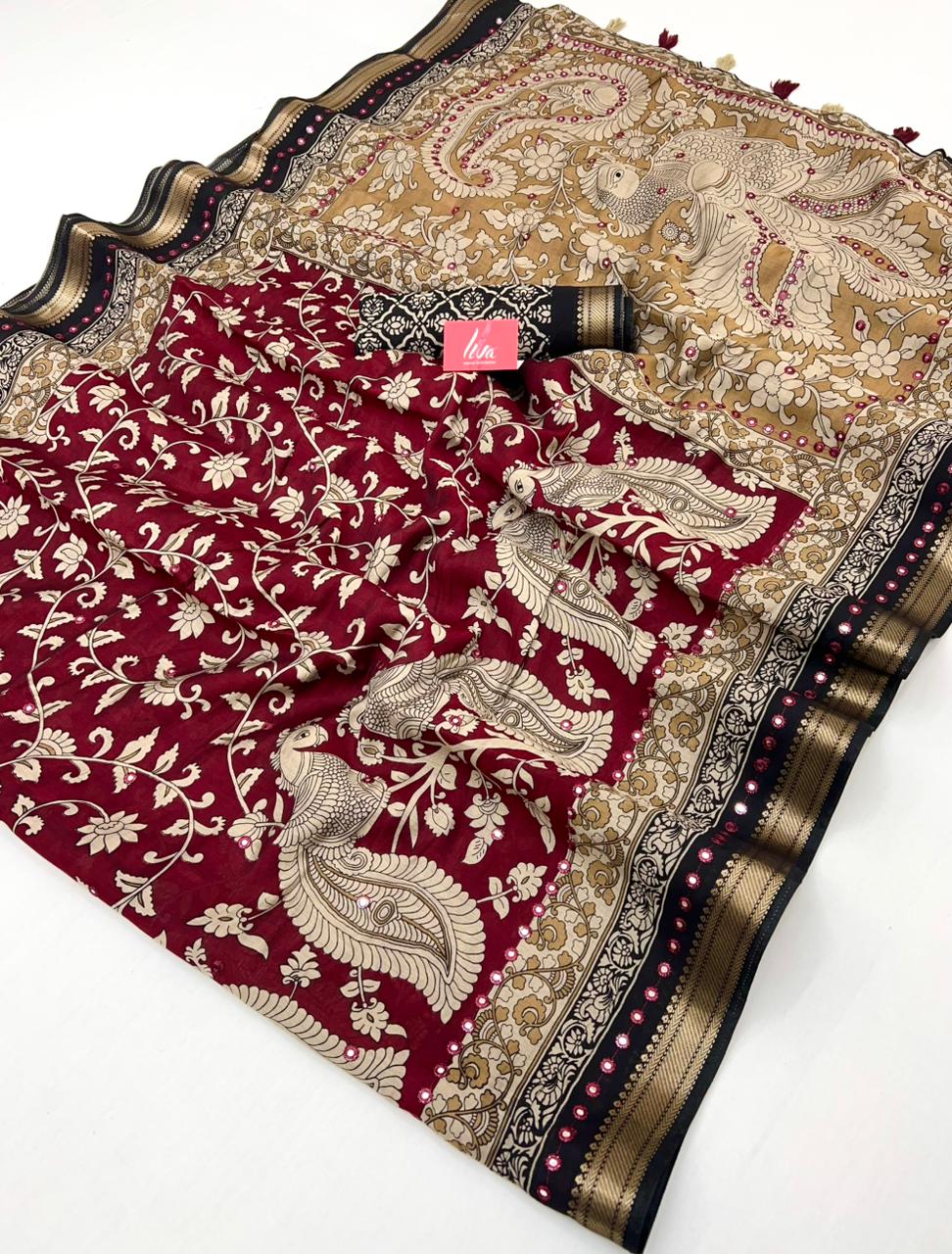 Dark Rose Pure Mal Cotton Silk Saree With Mirror Work – Maharanisaree