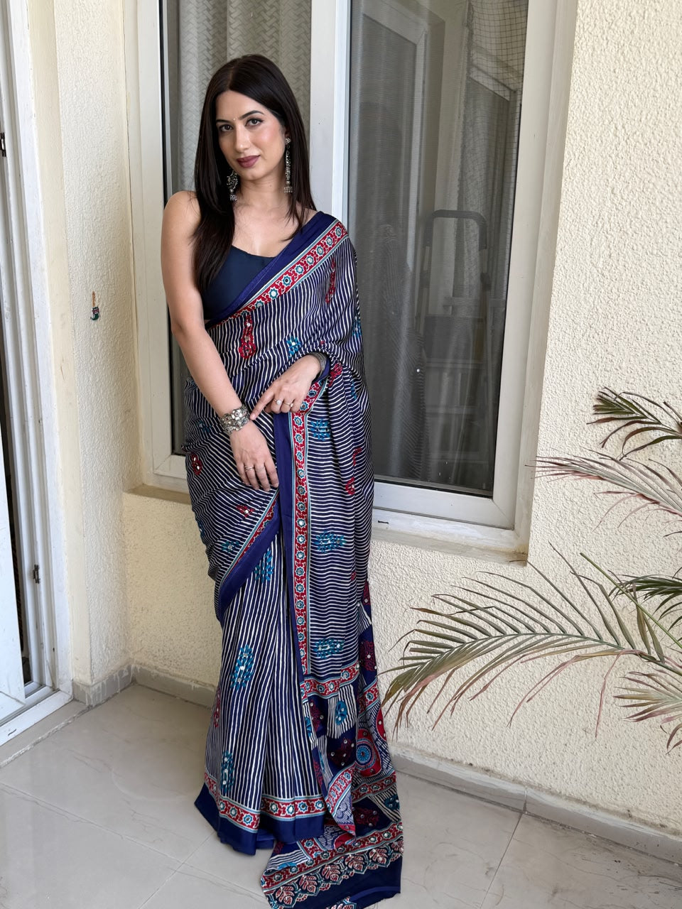 Blue Ajrakh Real Mirror Modal Silk Saree With Blouse – Maharanisaree