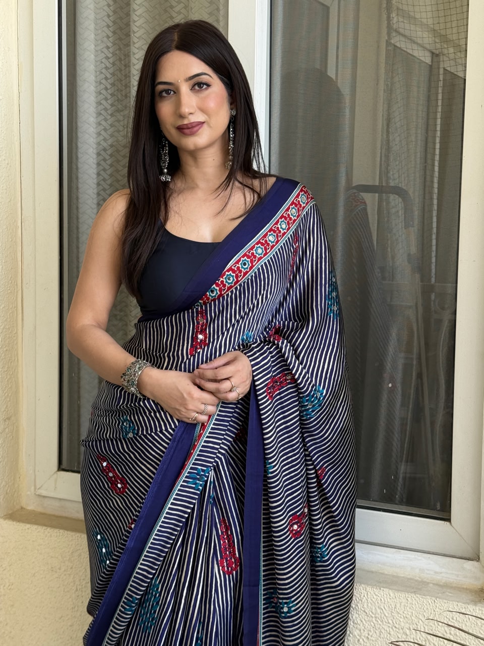Blue Ajrakh Real Mirror Modal Silk Saree With Blouse – Maharanisaree