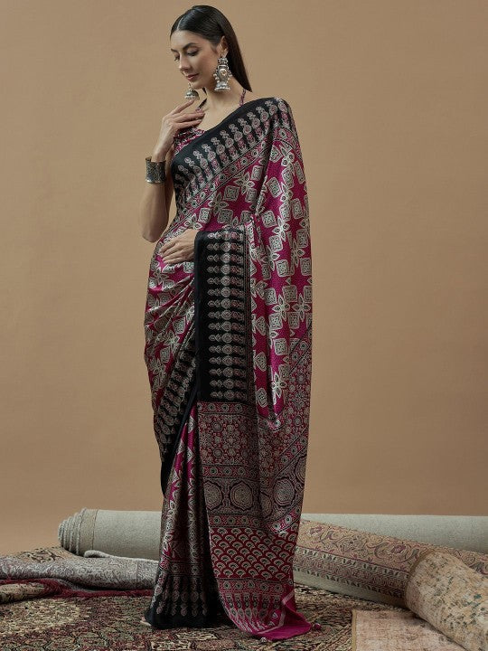 Maroon Ajrak Crepe Block Print Sarees – Maharanisaree